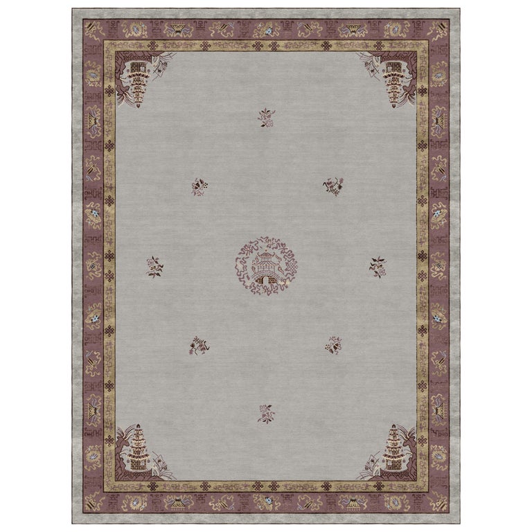 Traditional Chinoiserie rug Grey natural silk wool - Pagoda Stone ...