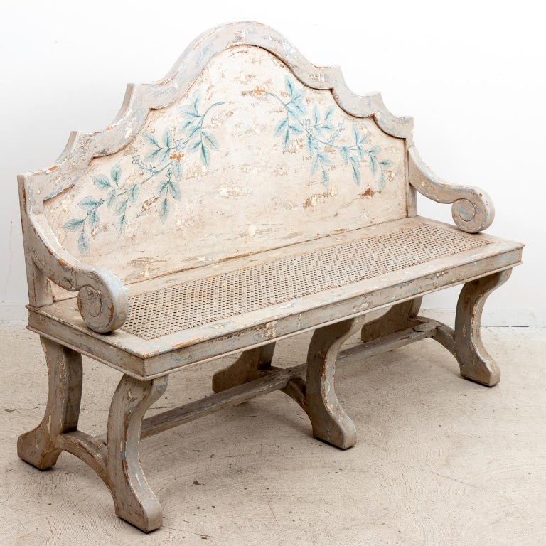Painted and Decorated High Back Bench For Sale at 1stDibs