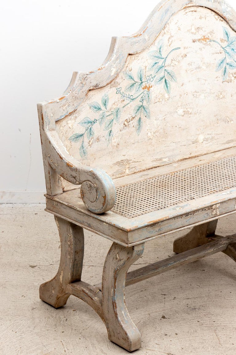 Painted and Decorated High Back Bench For Sale at 1stDibs