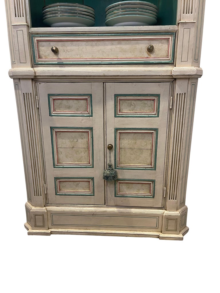 Painted and Faux Marbleized Ivory and Green Corner Cupboard with Domed ...