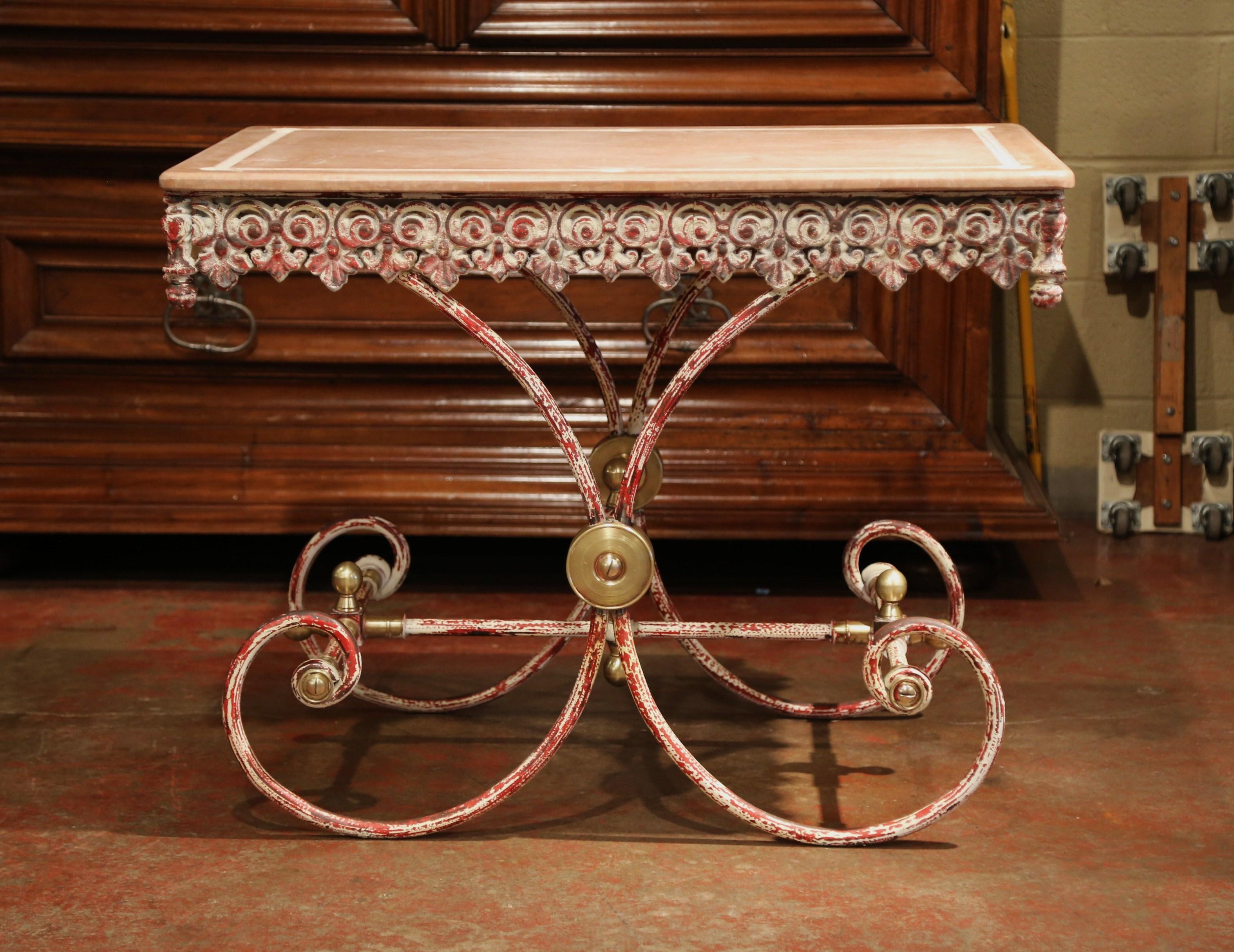 French Painted Iron and Brass Pastry Table with Red Marble Top at 1stDibs