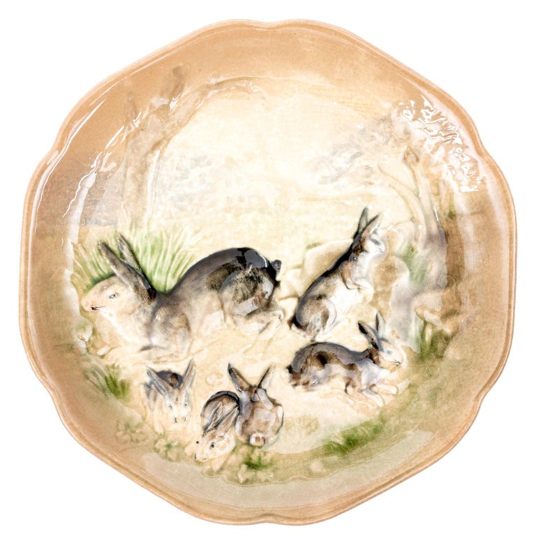 Painted French Majolica Bunny Plate at 1stDibs