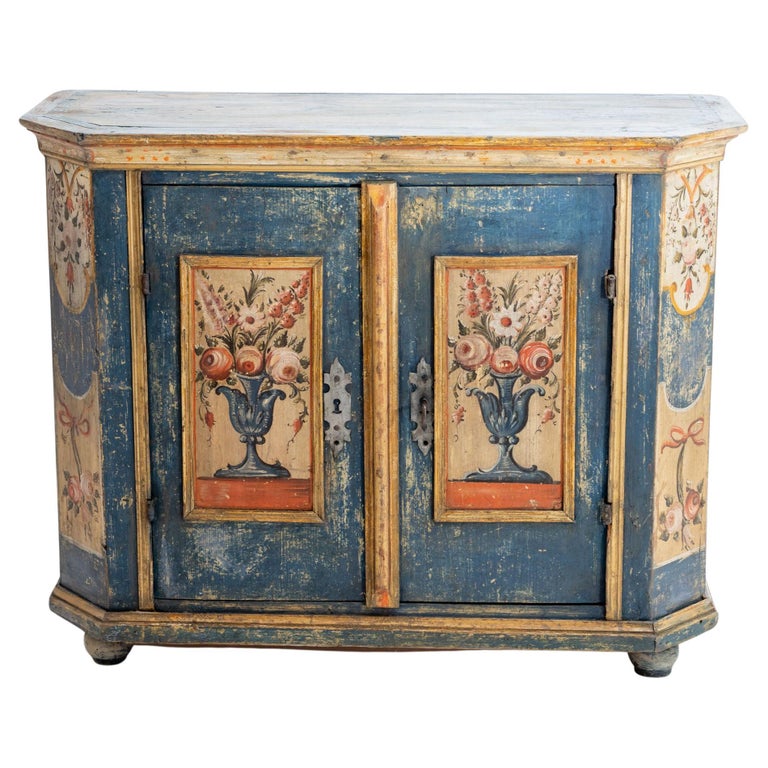 Blue Painted Half-Cabinet with two Doors and Floral Decor, 18th Century ...
