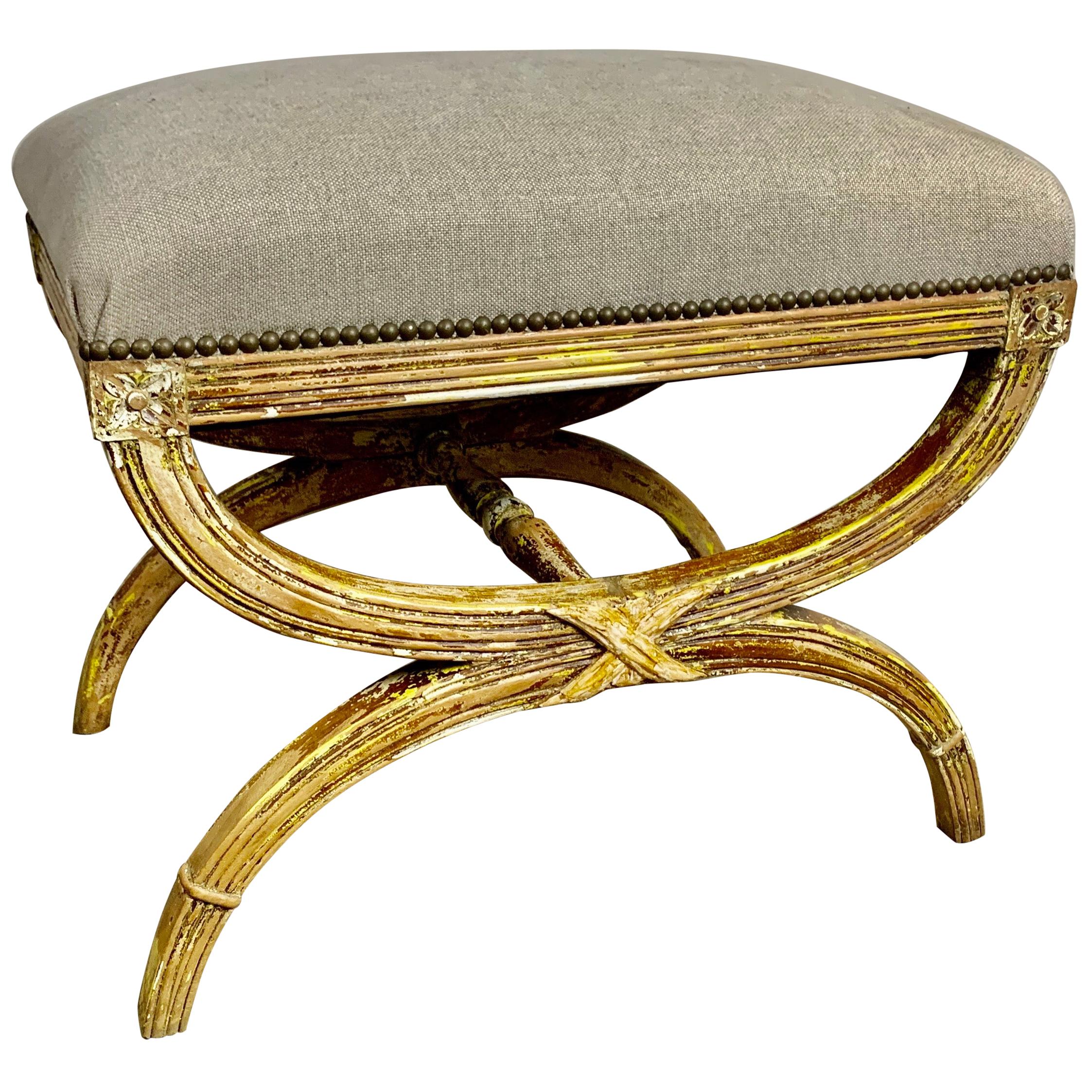 Painted Italian Bench with Belgium Linen Upholstery at 1stDibs