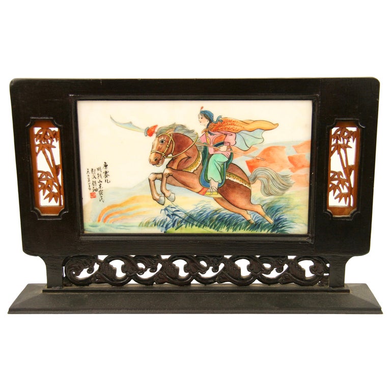 Painted Japanese Marble Warrior Panel For Sale at 1stDibs