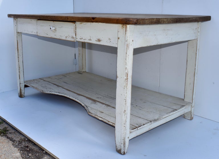 Painted Pine Tailor's Table with Potboard Shelf at 1stDibs
