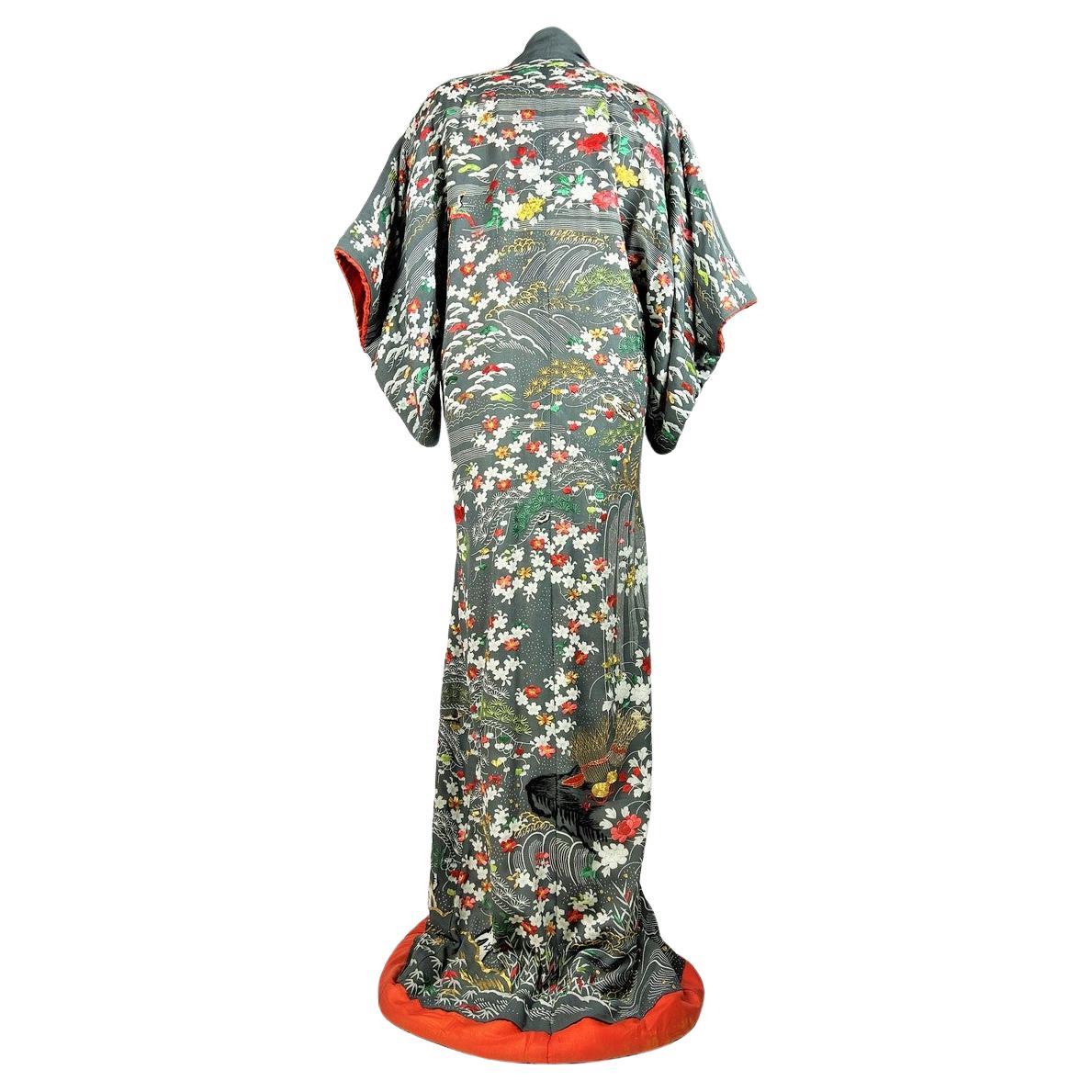 Painted, printed and gold-embroidered silk crepe kosode Japan 18th 19th ...