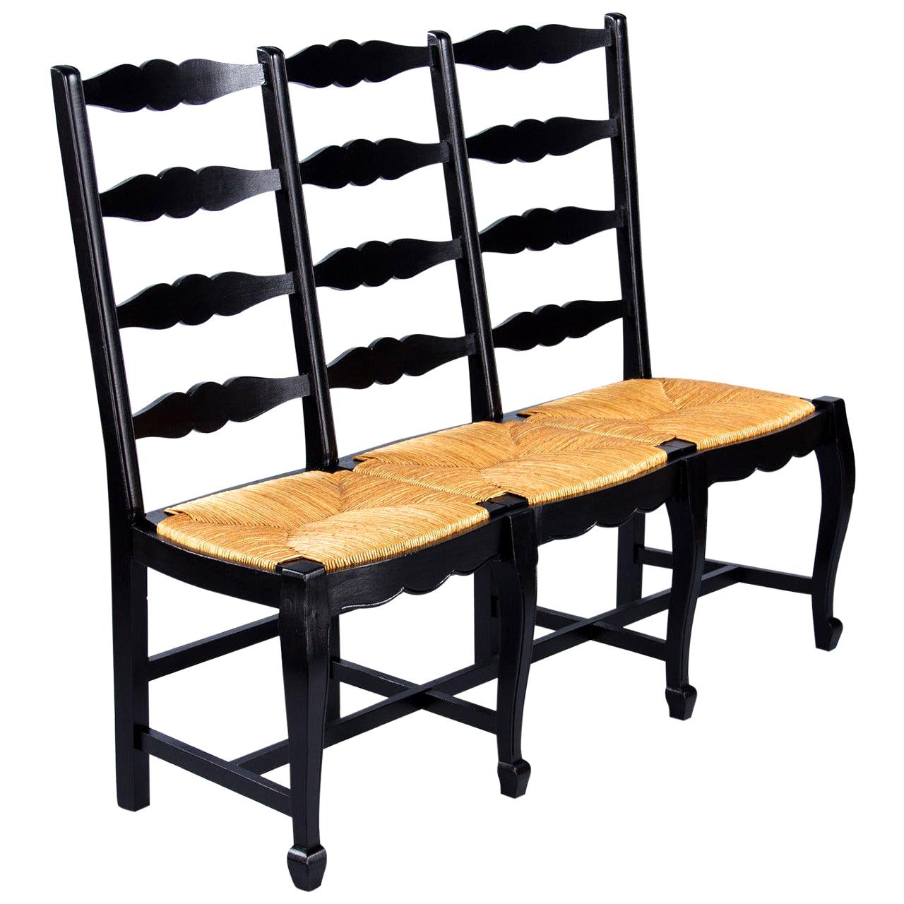 French Rustic Rush Seat Ladder Back Bench at 1stdibs