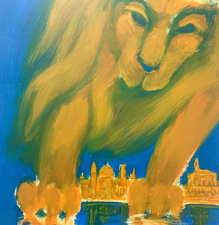 Painting of a Lion in Acrylic and Gold Foil by Indra Khanna, British ...