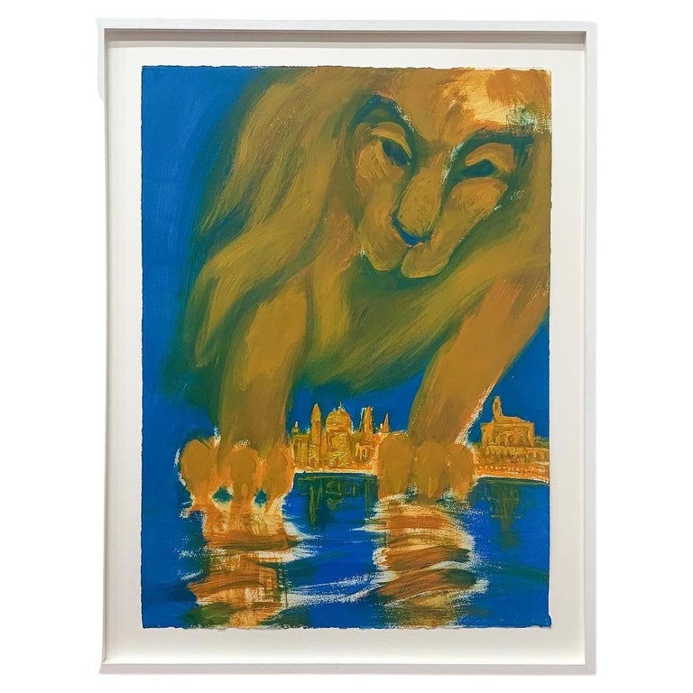 Painting of a Lion in Acrylic and Gold Foil by Indra Khanna, British ...