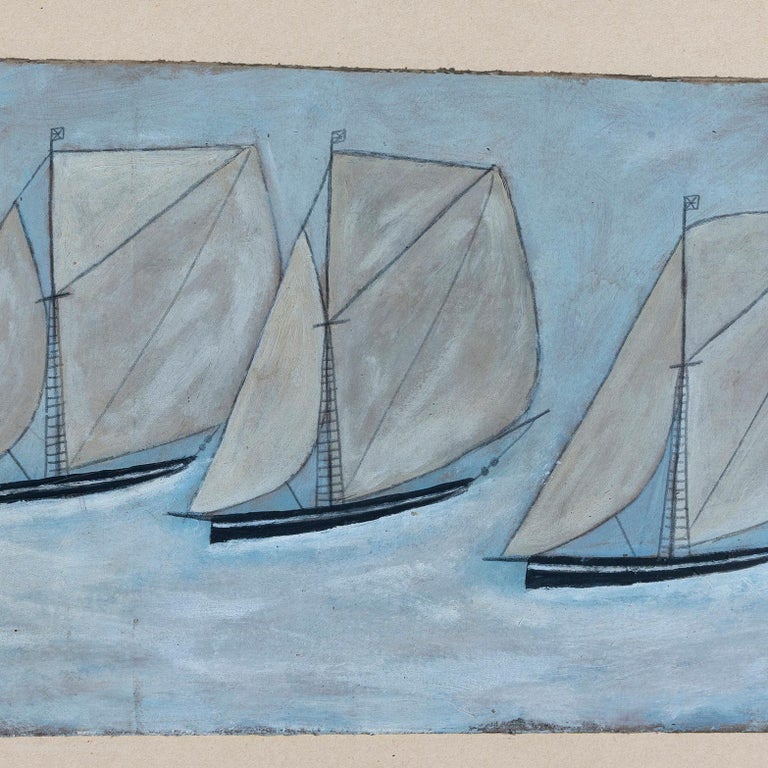 Painting Oil Naive Three Sloops Spirit of Alfred Wallis Framed Blue ...