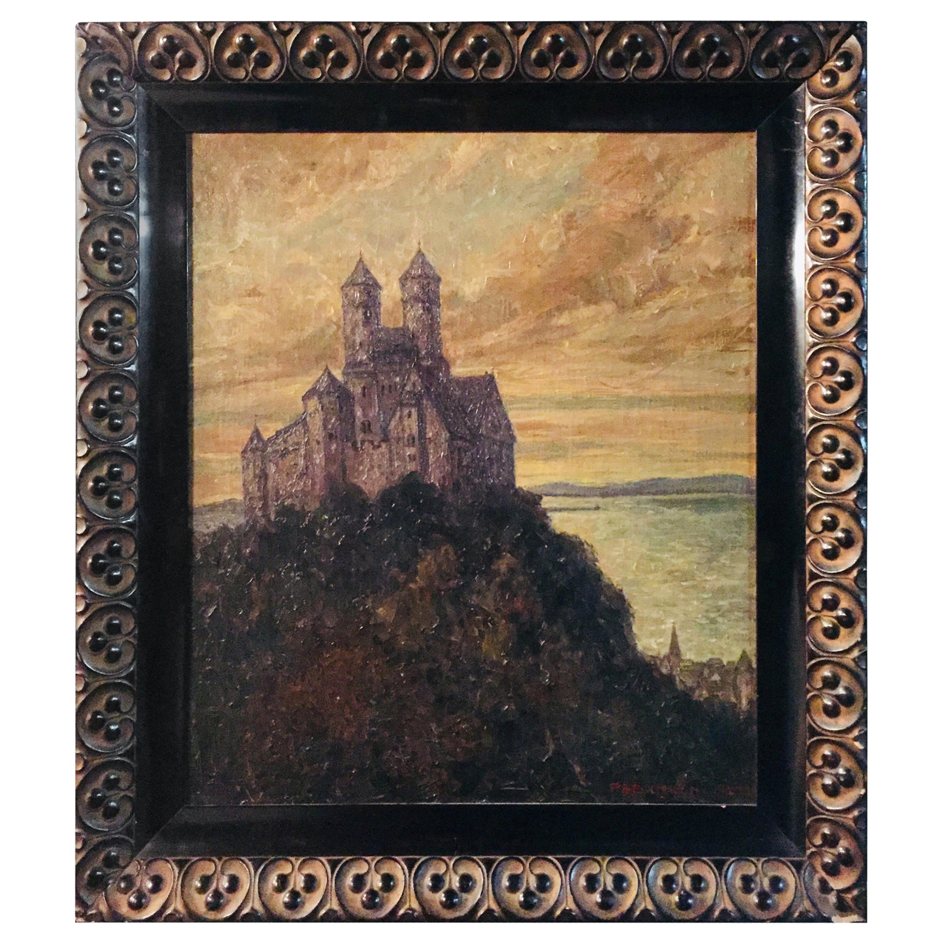 Painting Oil Painting, Castle on a Hill Overlooking the Sea, Signed For ...