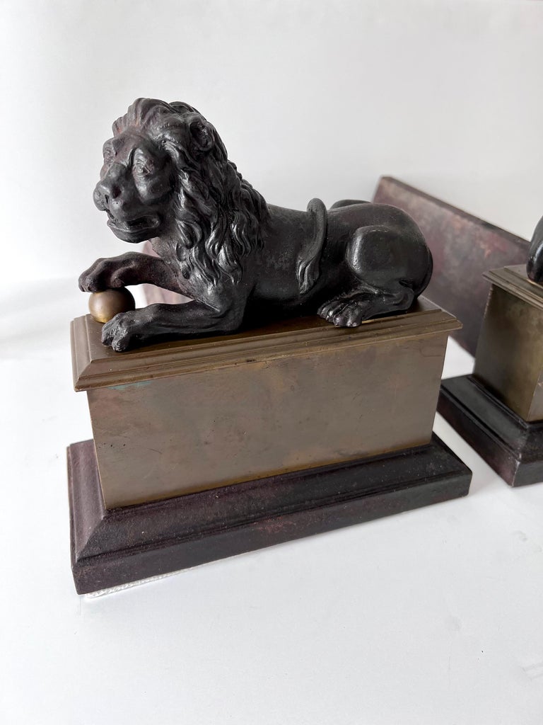 Pair 18th Century Reclining Iron Lion Andirons on a Brass Base For Sale ...