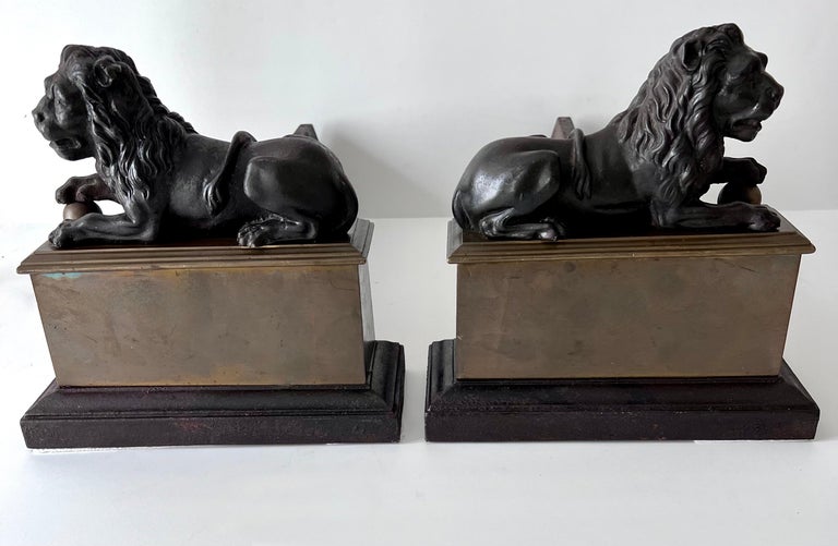 Pair 18th Century Reclining Iron Lion Andirons on a Brass Base For Sale ...