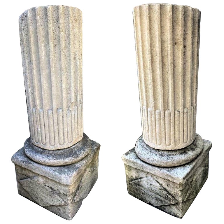 Pair Hand Carved Stone Columns Garden Posts Base Pedestal Antiques Los ...