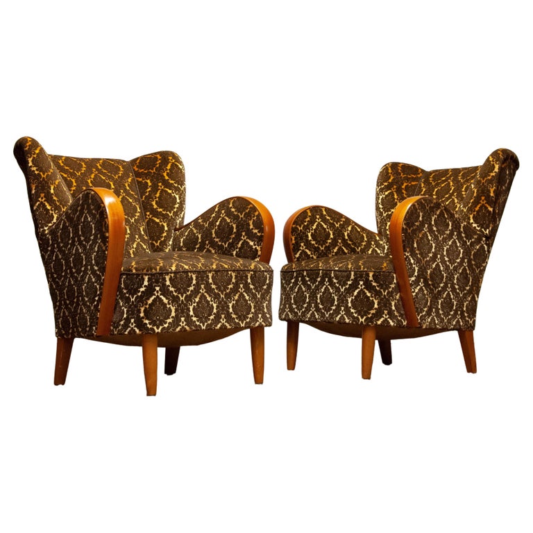Pair 1940s Two Tone Velvet Lounge Chairs With Elm Armrests In Fritz ...