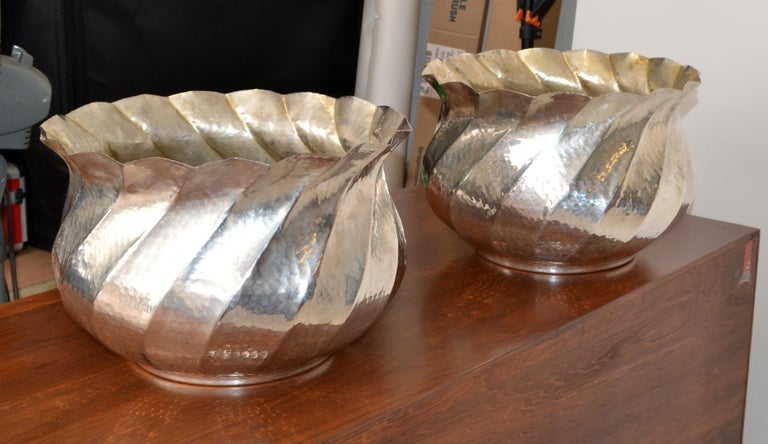 Pair, 1950s Arts And Crafts Silver Plated Large Hammered and Scalloped ...