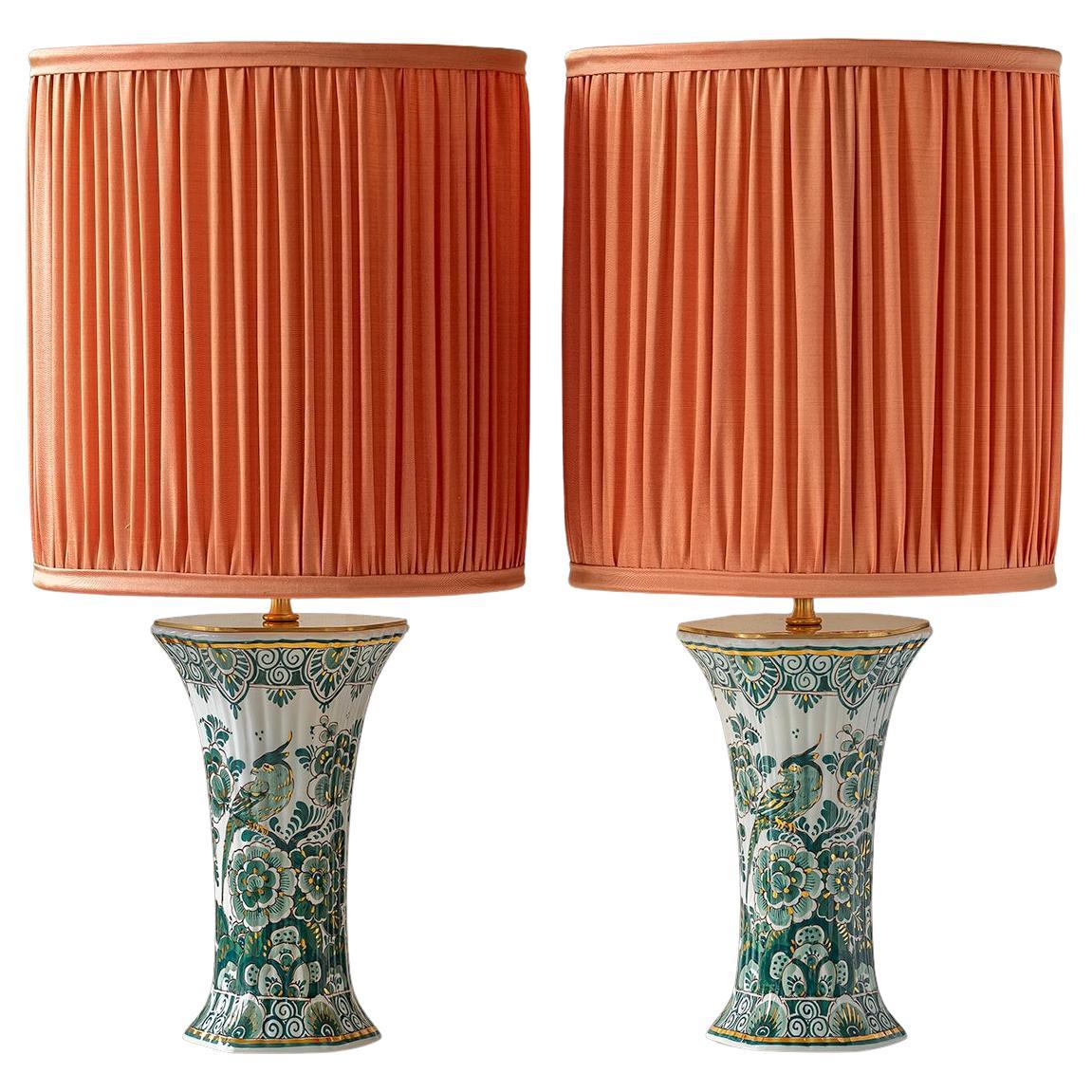 Delft Green Table Lamps (1950-1970) with New Pleated Peach Silk Shades ...