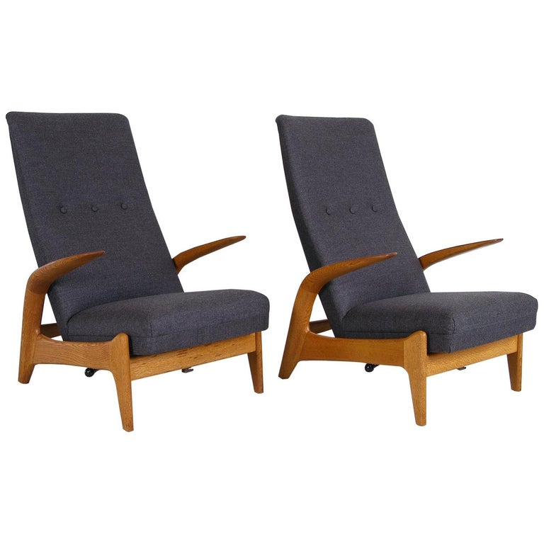 Pair 1960s Midcentury Oak + Grey Rock ‘n’ Rest Lounge Chairs by Rastad ...