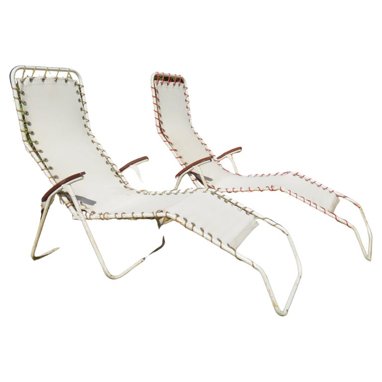 Pair 1970s Canvas and Metal Reclining Garden Sun Lounger Chairs For ...