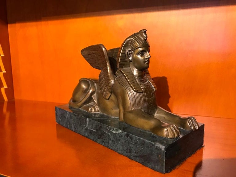 Pair of 19th Century Bronze Winged Sphinx on Marble Bases at 1stDibs