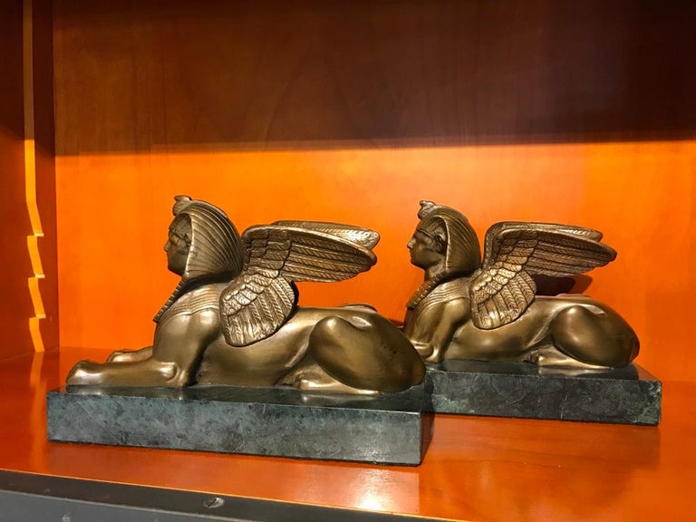 Pair of 19th Century Bronze Winged Sphinx on Marble Bases at 1stDibs