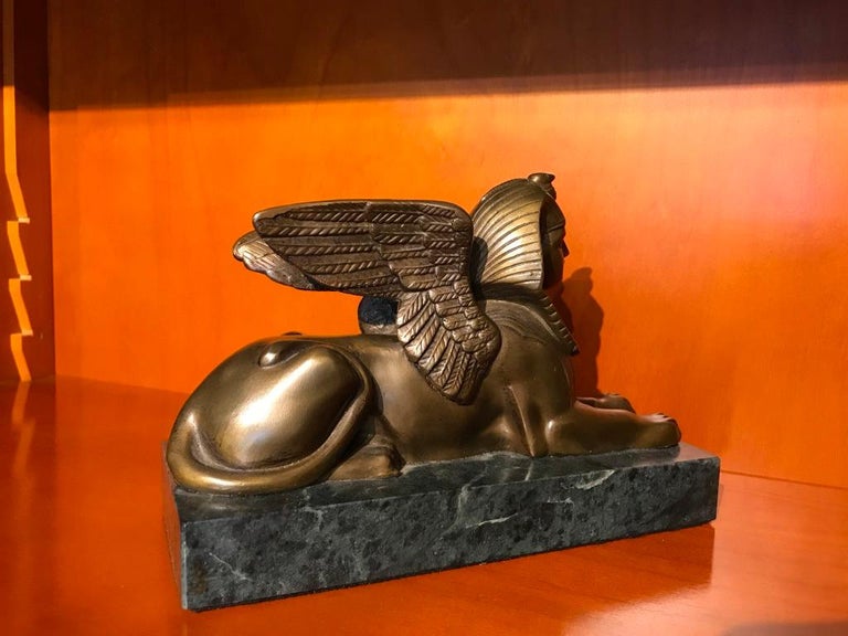 Pair of 19th Century Bronze Winged Sphinx on Marble Bases at 1stDibs