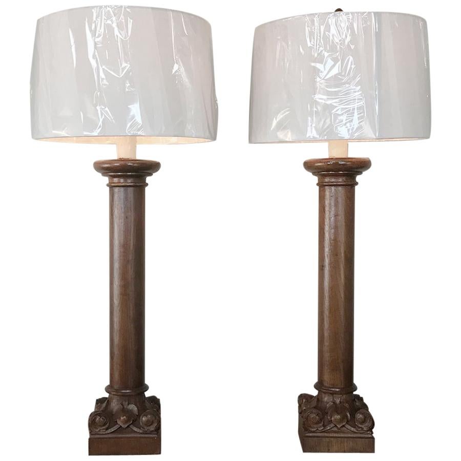 Pair of 19th Century Carved Oak Column Table Lamps at 1stDibs