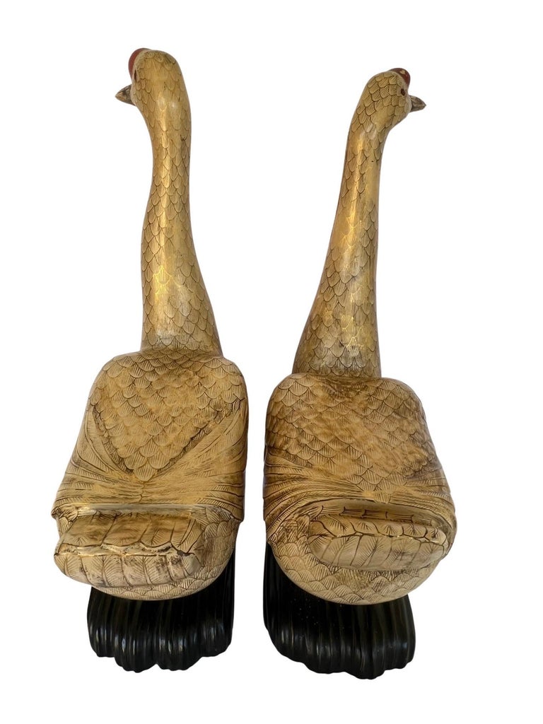 Pair, 19th Century Chinese Export Carved Wood and Gilt Lacquered Geese ...