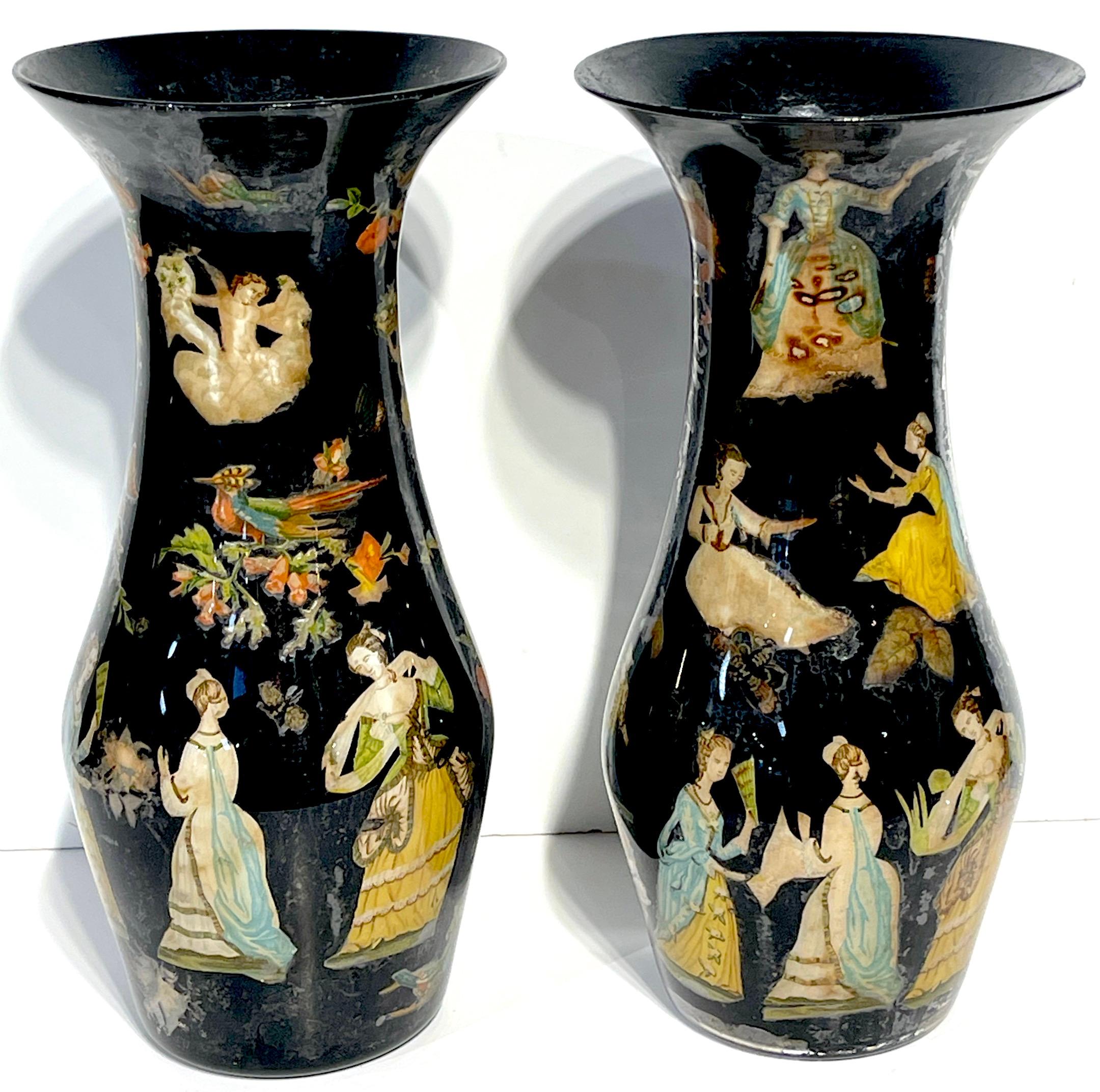 Pair 19th Century English Late Regency Black Ground Decalcomania ...