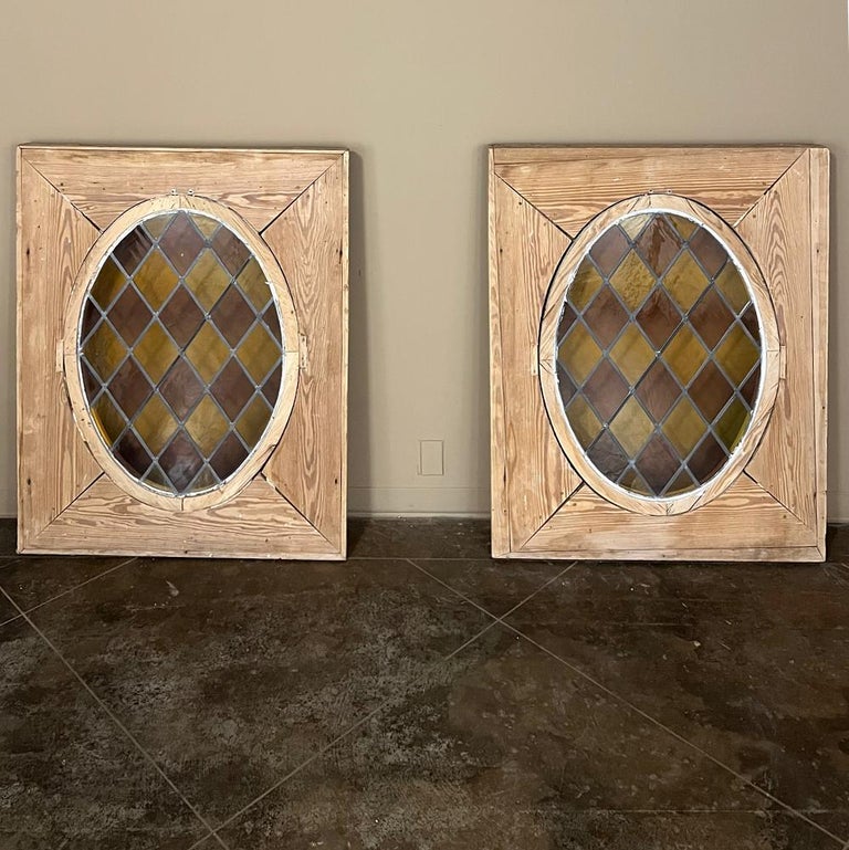 Pair 19th Century Framed Oval Stained Glass Windows For Sale at 1stDibs