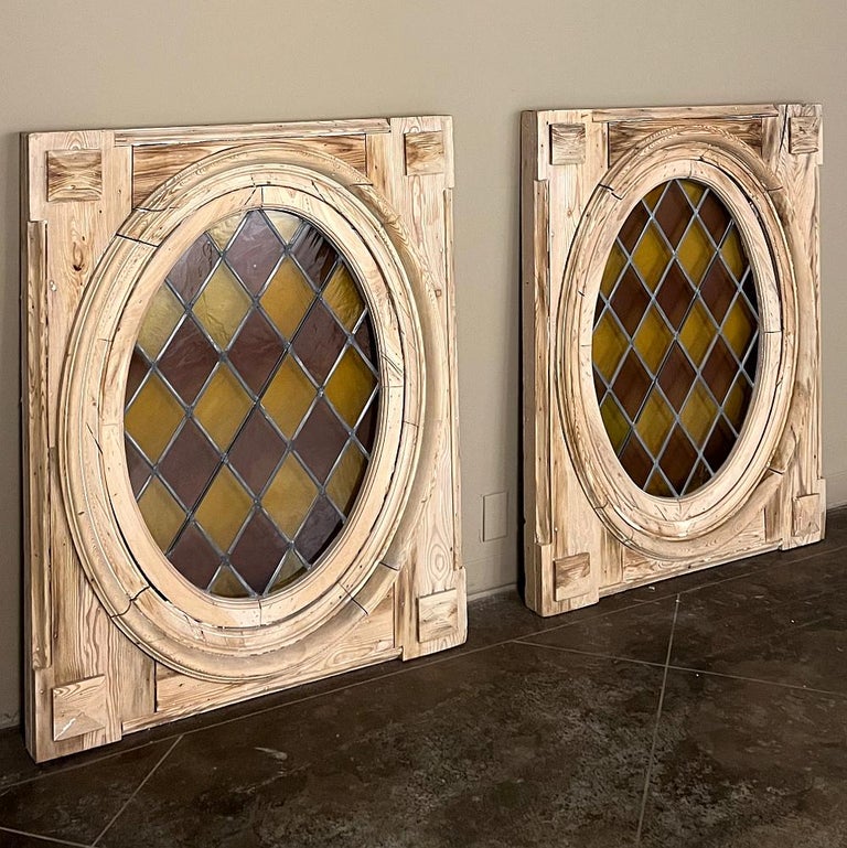 Pair 19th Century Framed Oval Stained Glass Windows For Sale at 1stDibs