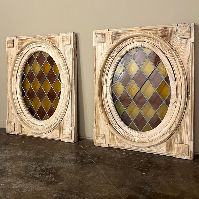 Pair 19th Century Framed Oval Stained Glass Windows For Sale at 1stDibs