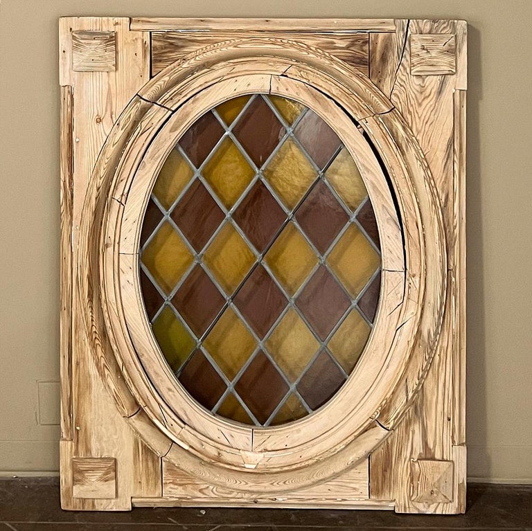 Pair 19th Century Framed Oval Stained Glass Windows For Sale at 1stDibs