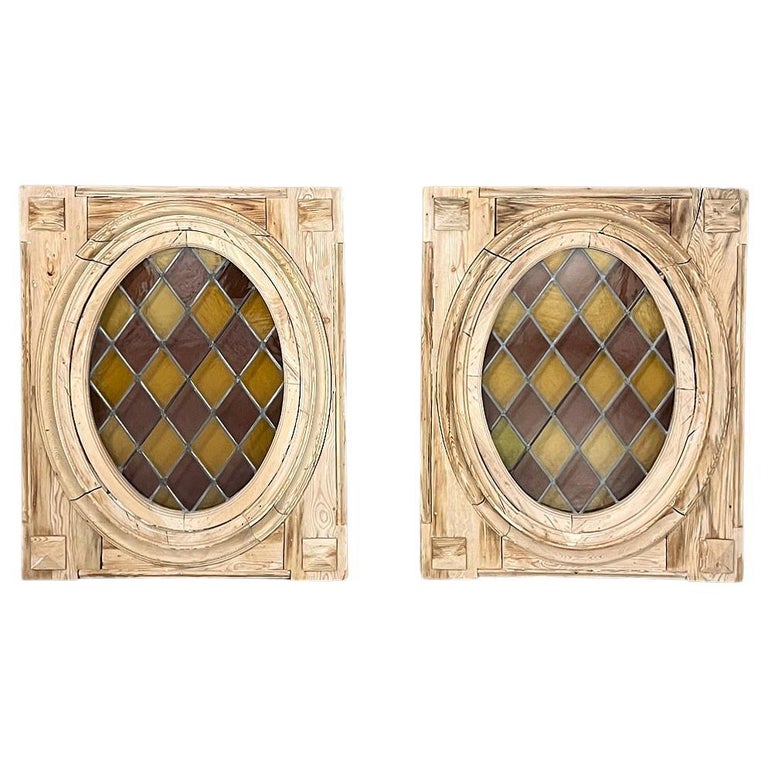 Pair 19th Century Framed Oval Stained Glass Windows For Sale at 1stDibs