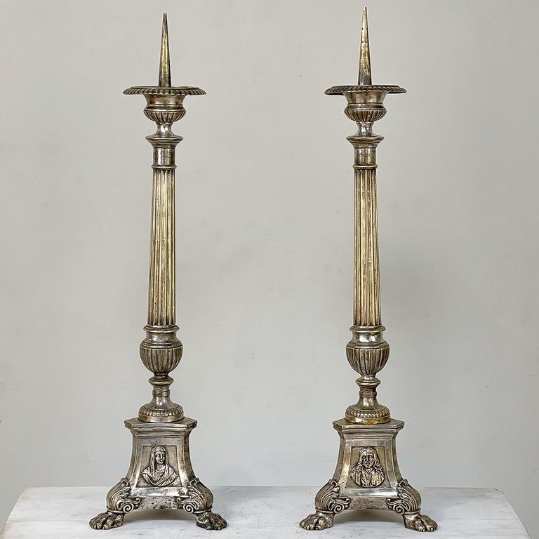 Pair 19th Century French Cast Brass Altar Candlesticks For Sale at 1stDibs