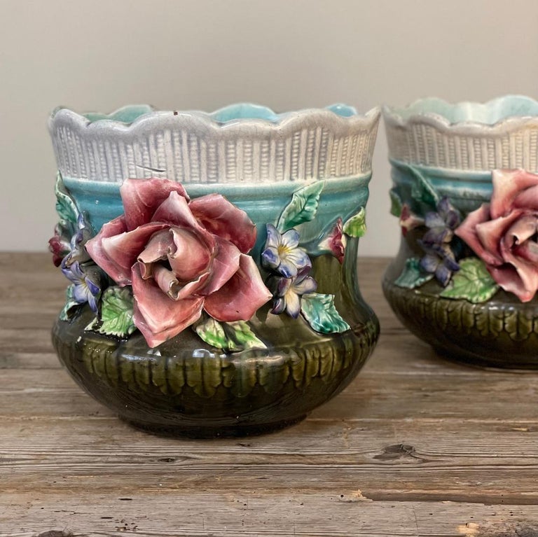 Pair 19th Century French Faience Barbotine Jardinieres, Cachet Pots For ...