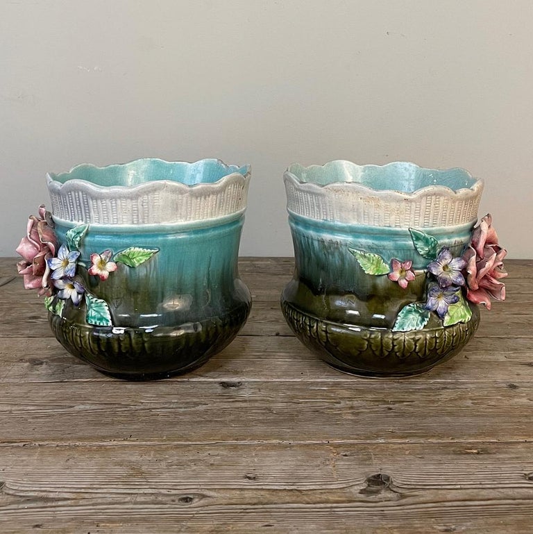 Pair 19th Century French Faience Barbotine Jardinieres, Cachet Pots For ...