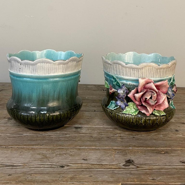 Pair 19th Century French Faience Barbotine Jardinieres, Cachet Pots For ...