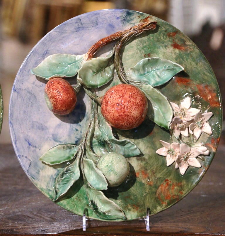 Pair 19th Century French Hand-Painted Longchamp Faience Barbotine Wall ...