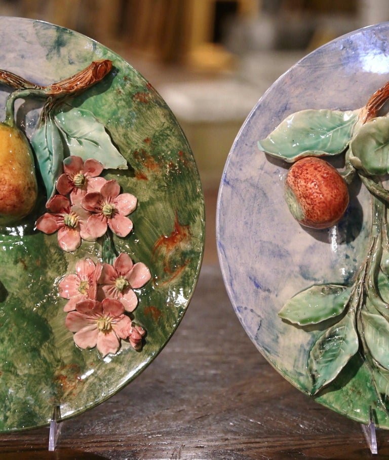 Pair 19th Century French Hand-Painted Longchamp Faience Barbotine Wall ...