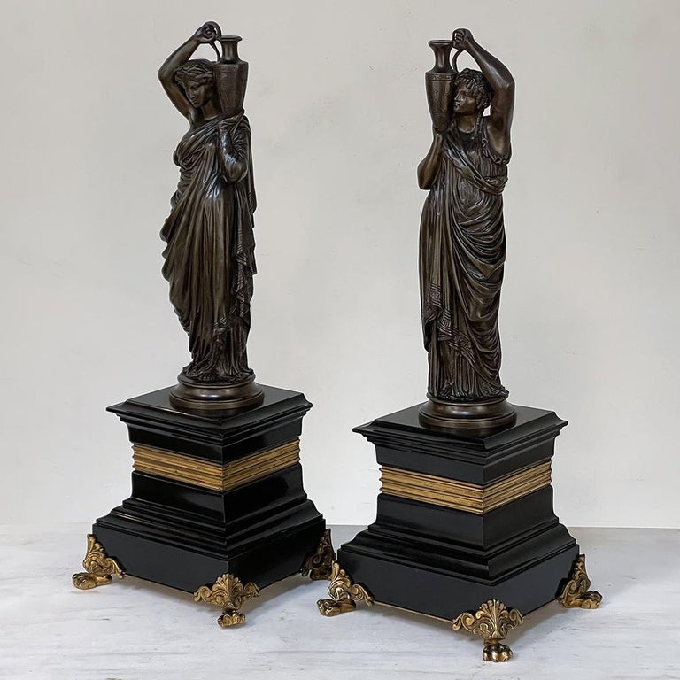 Pair 19th Century French Neoclassical Bronze Statutes on Footed Slate ...