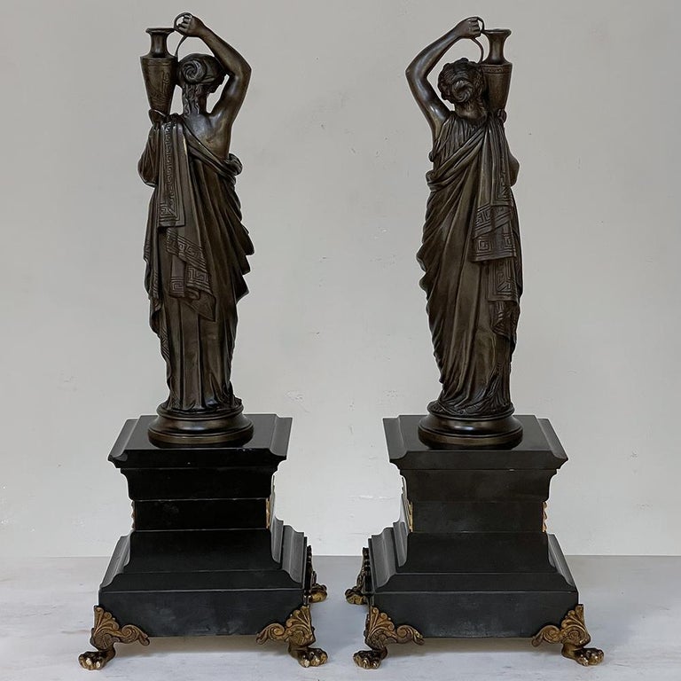 Pair 19th Century French Neoclassical Bronze Statutes on Footed Slate ...