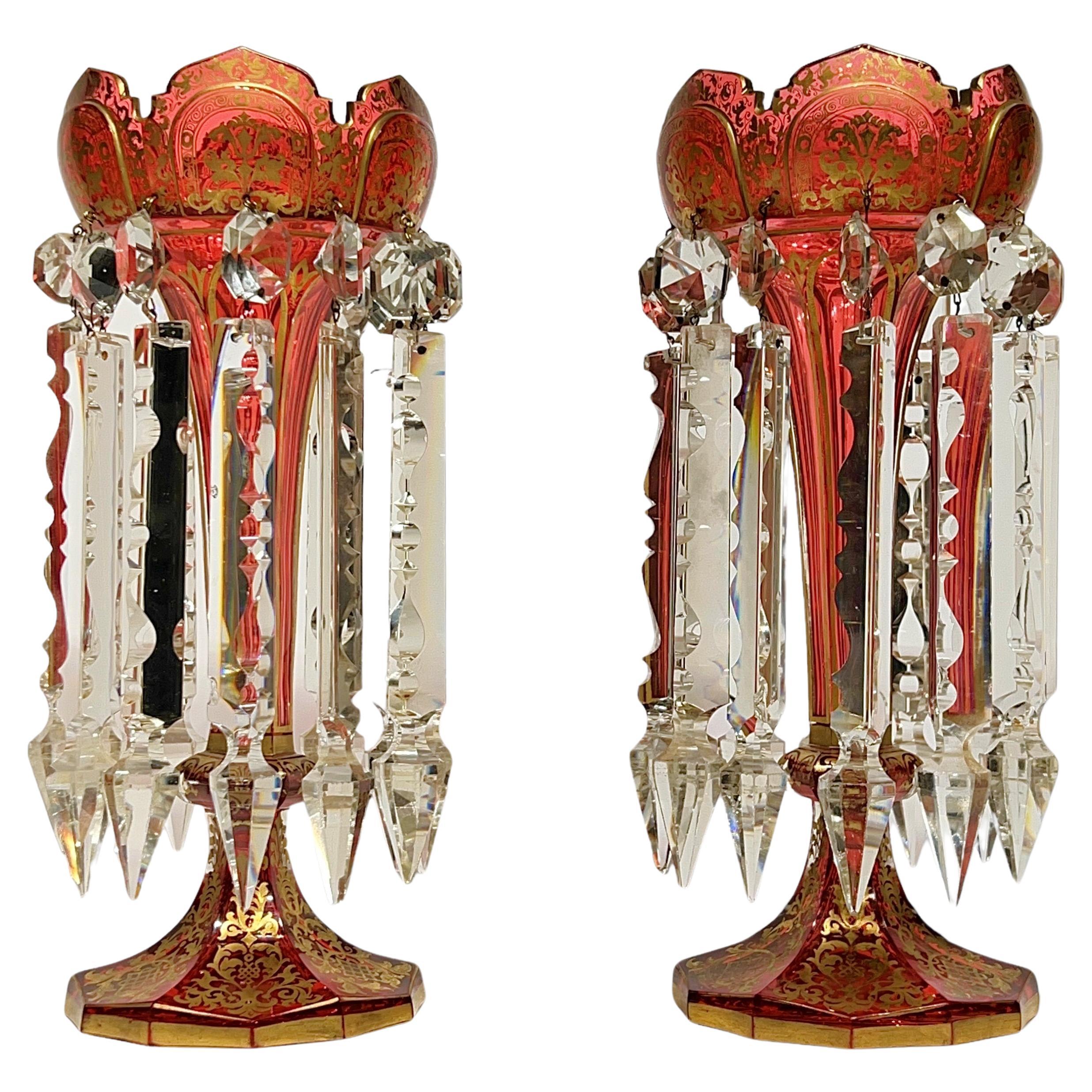 Pair 19th Century Gilt Ruby Red Glass Lusters / Candle Holders For Sale ...