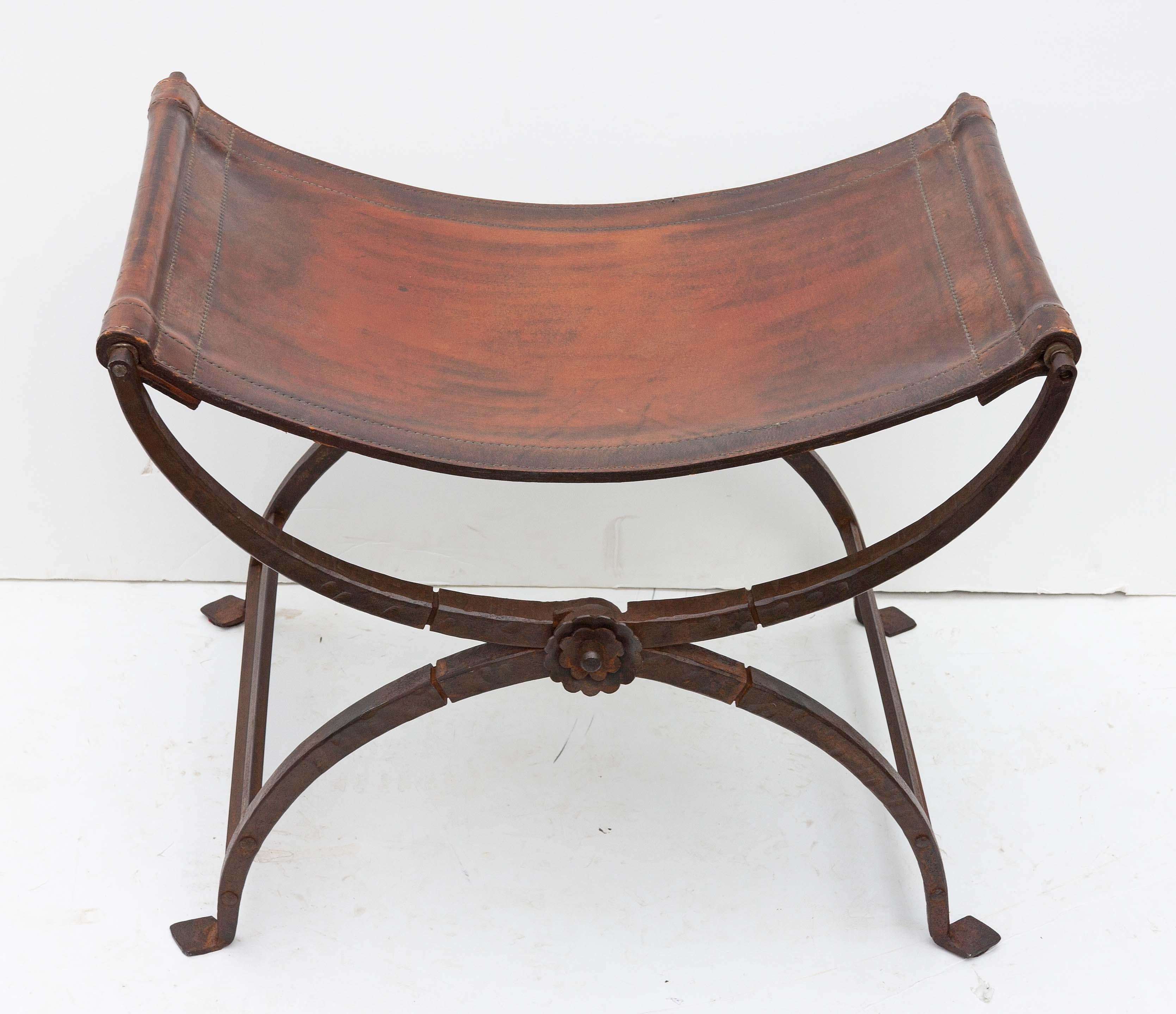 Pair 19th Century Italian Leather and Wrought Iron Curule Stools For ...