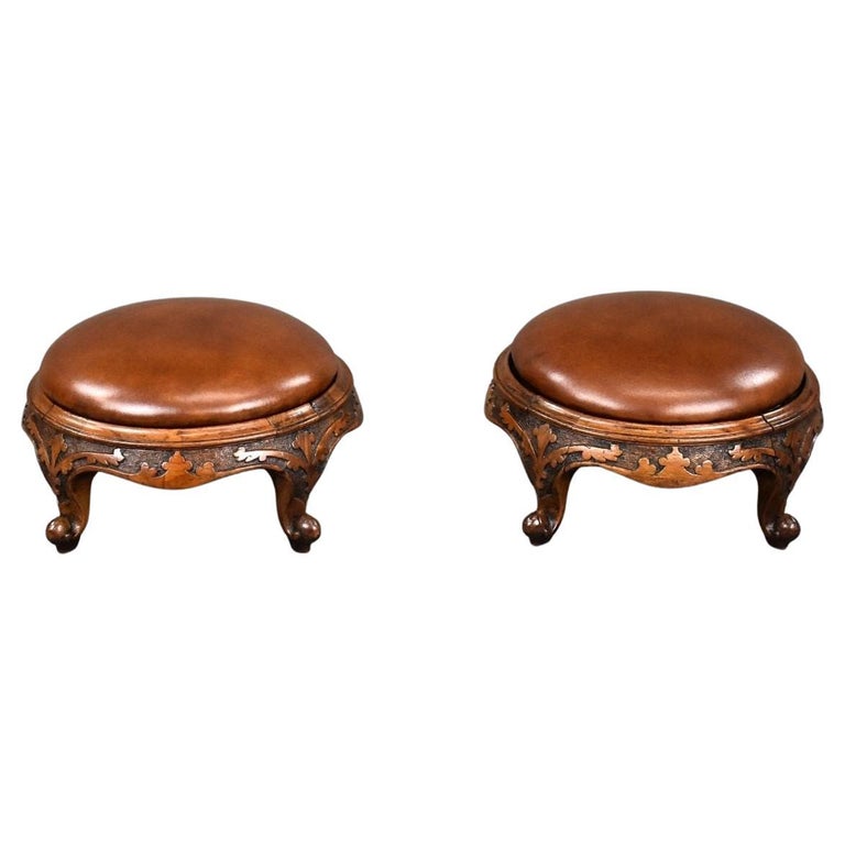 Pair 19th Century Walnut Brown Leather Footstools For Sale at 1stDibs