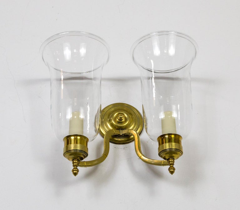 Pair of 2-Arm Brass Hurricane Sconces with Spiral Back Plate For Sale ...