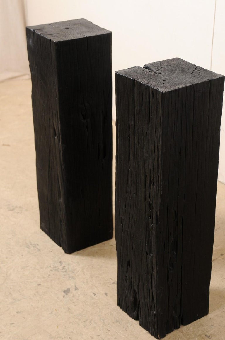 Pair of Tall Carbonized Wood Square Shaped Pedestals, Rich Black Color ...