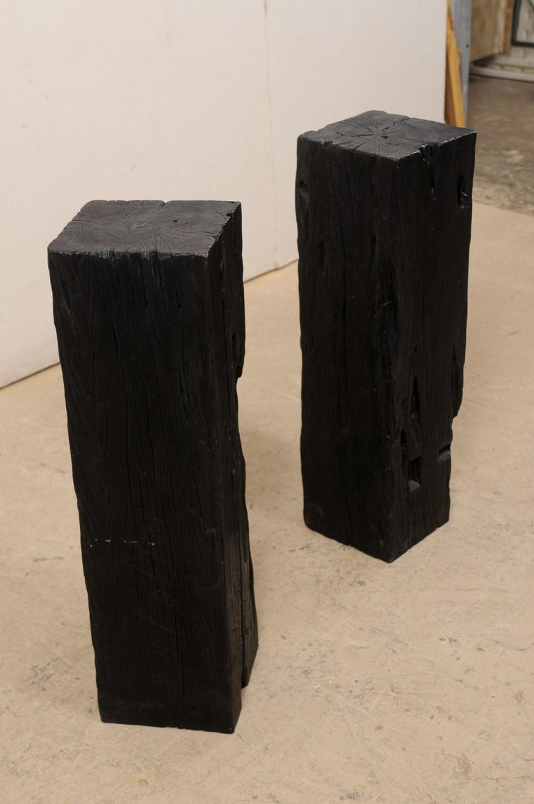 Pair of Tall Carbonized Wood Square Shaped Pedestals, Rich Black Color ...