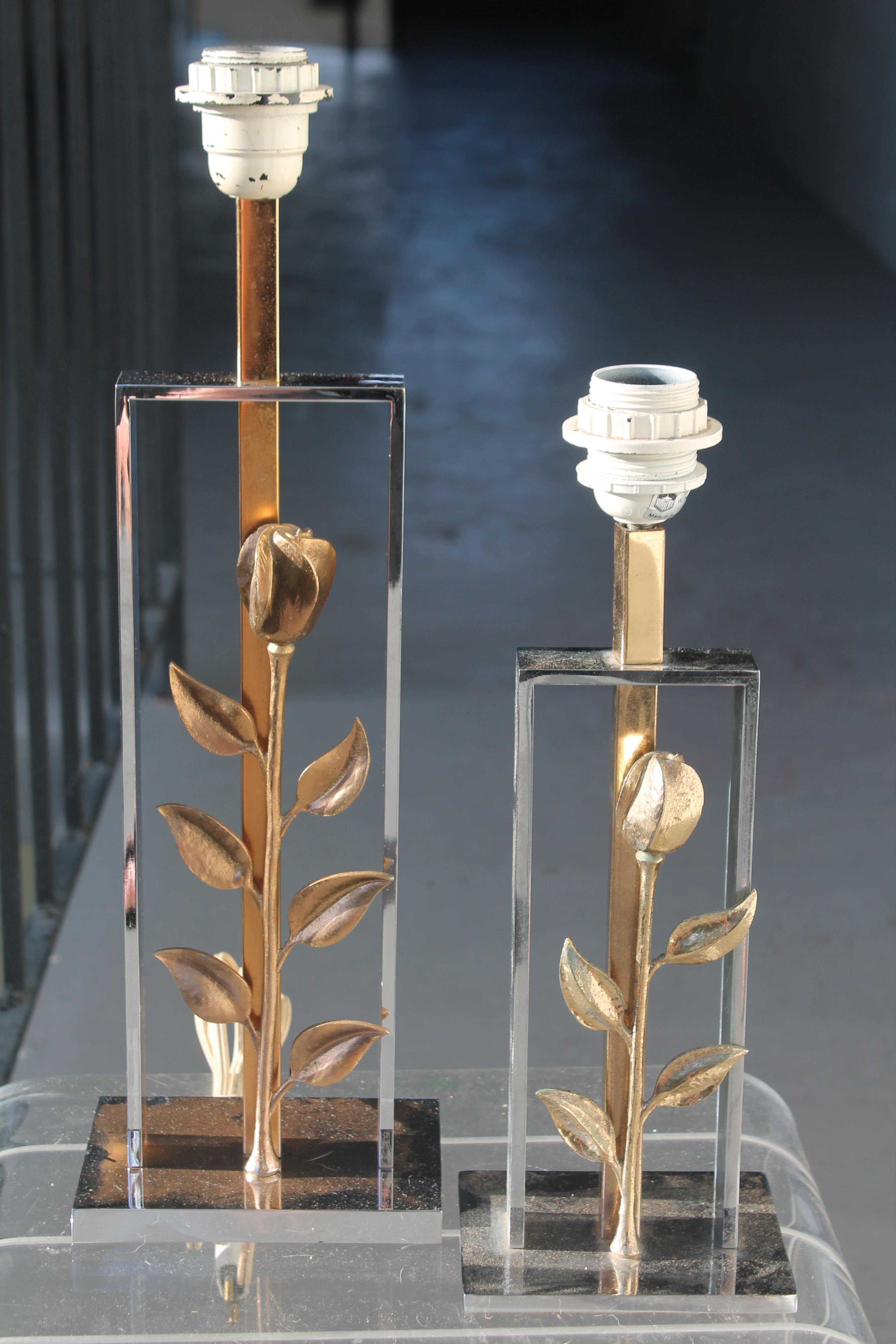 Pair 70s French Mid Century Modern Dore Bronze Rose eith Chrome Base ...